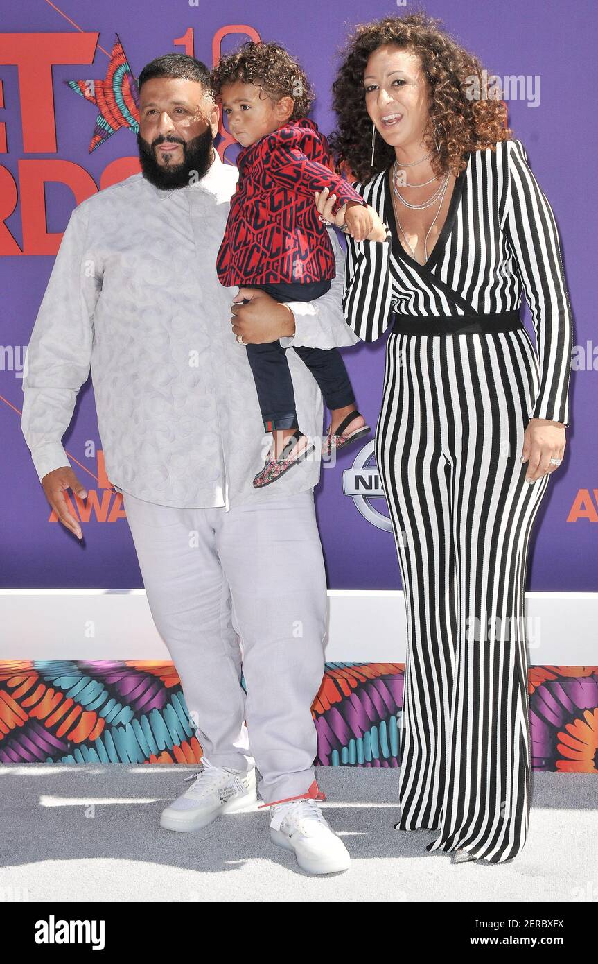 (L-R) DJ Khaled, Son Asahd Tuck Khaled and Wife Nicole Tuck at the 2018 BET Awards held at the ...