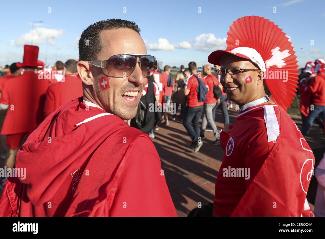 Swiss and Serbian football fans during the match. June 22, 2018. Russia ...