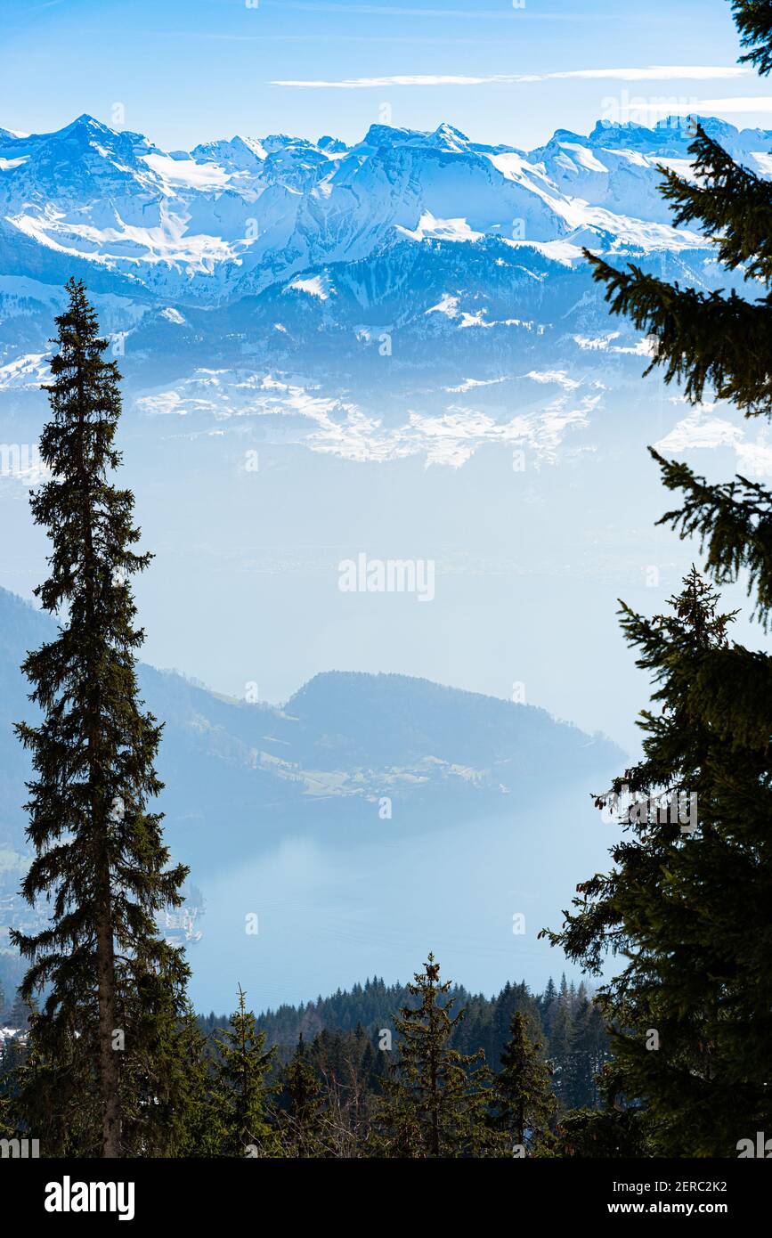 Unique panoramic alpine skyline aerial landscape view of misty Lake ...