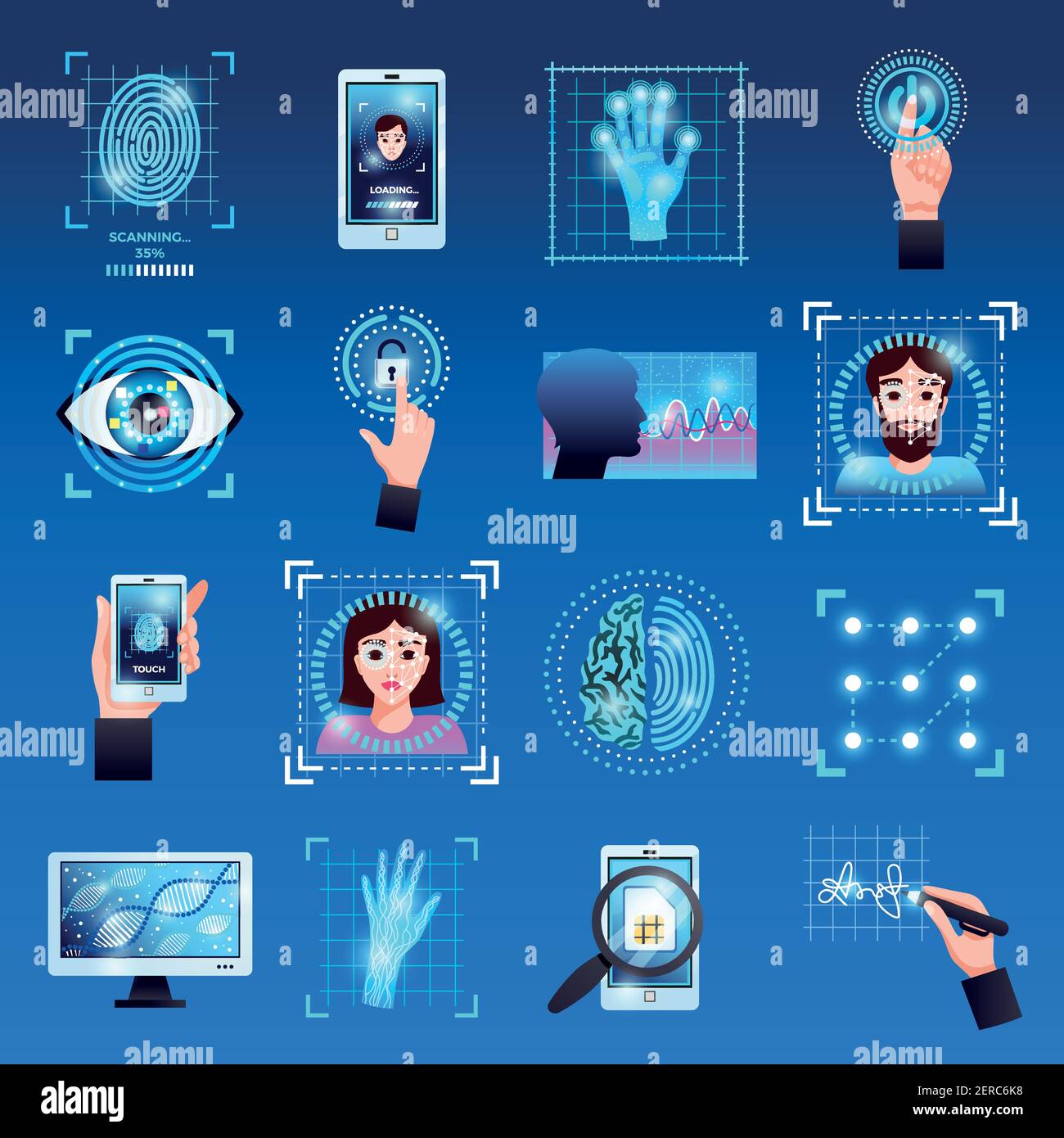 Identification Technologies Symbols Icons Set With Touch Screen Fingerprint Recognition Id