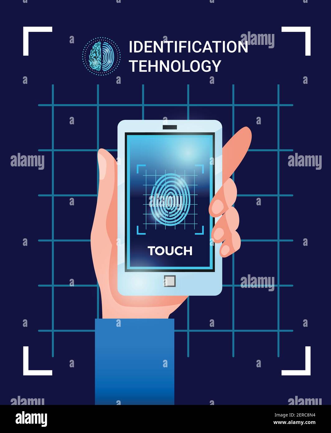 Biometric identification user technologies poster with hand holding ...