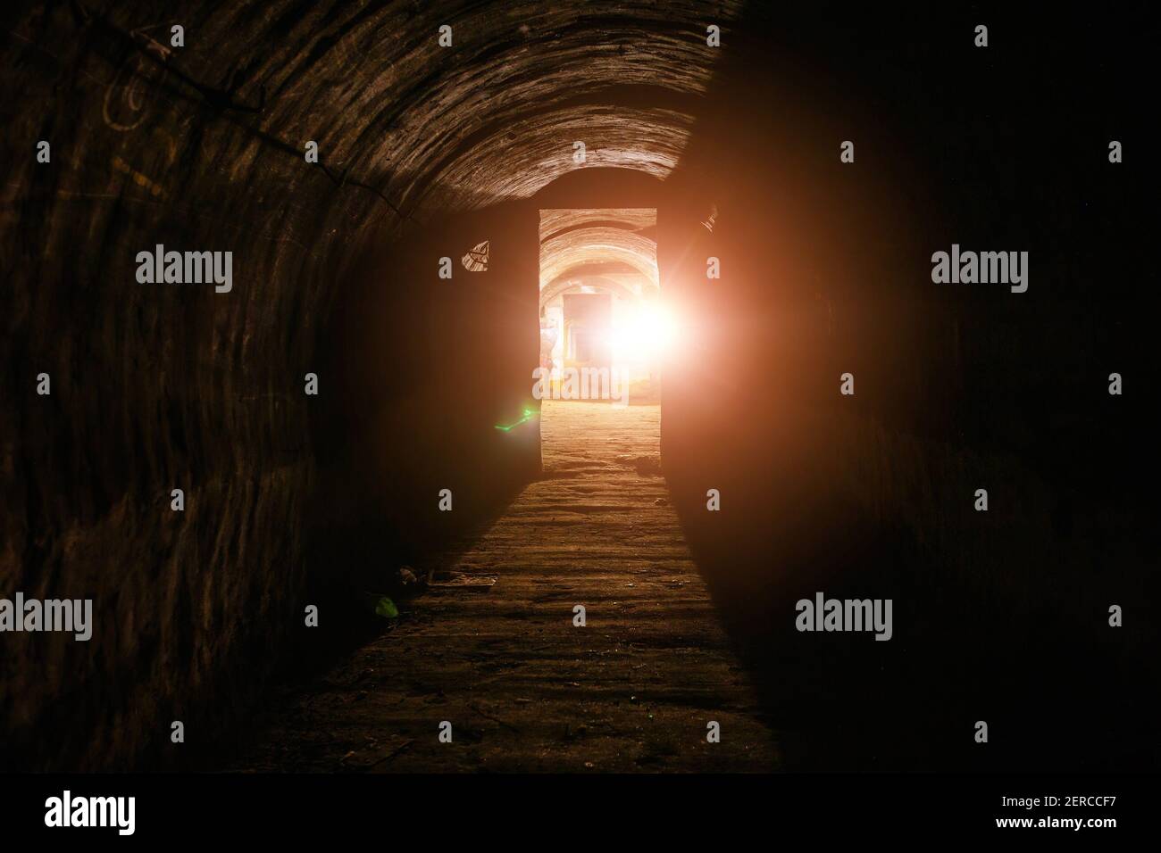 Tunnel with concrete walls in old abandoned Soviet bunker Stock Photo ...
