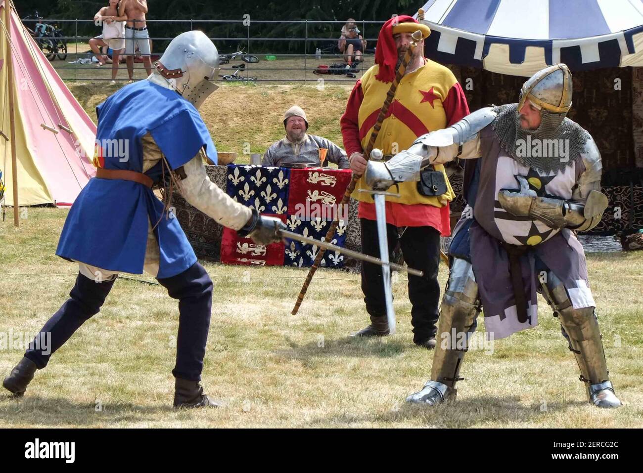 A medieval tournament is staged in Lenses Abbey park in London, UK on ...