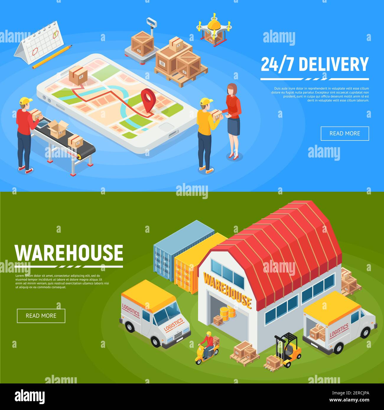 Logistics horizontal banners warehouse delivery trucks workers packed ...