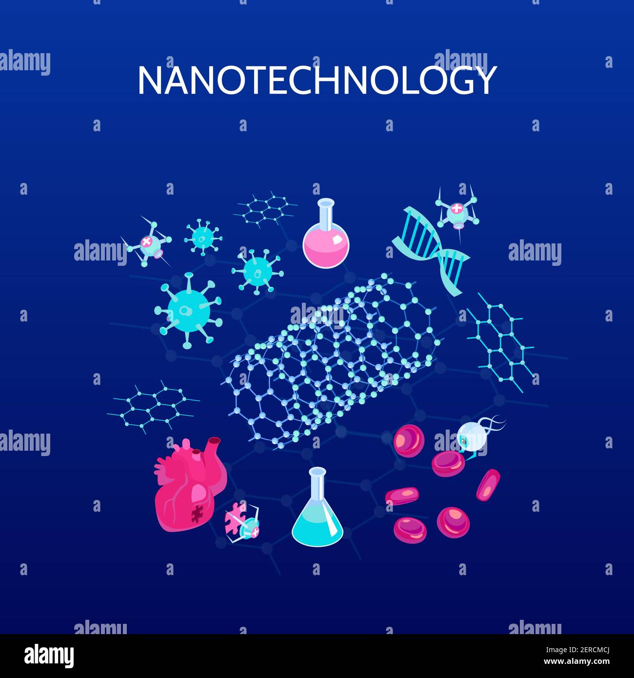 Nanotechnology isometric color background with science symbols isolated ...
