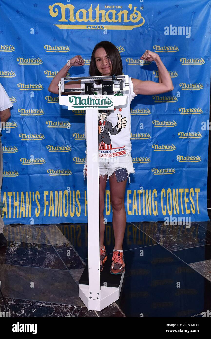 Competitive eater Michelle Lesco attends the official weigh-in ceremony ...