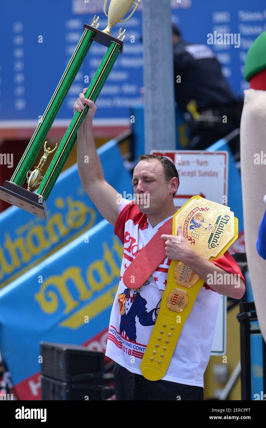 American competitive eater Joey "Jaws" Chestnut holds the championship ...