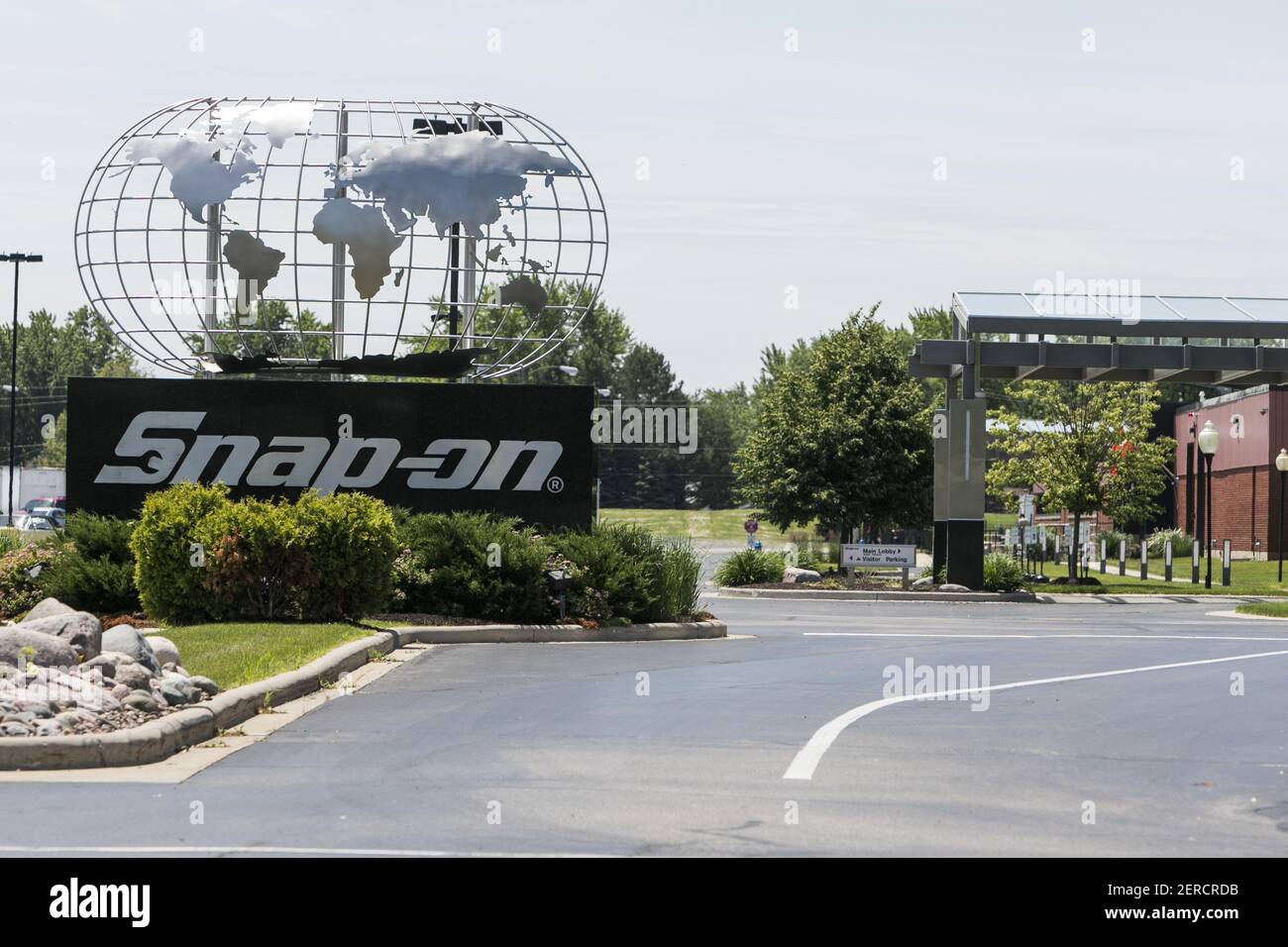 A logo sign outside of the headquarters of Snap-on, Inc., in Kenosha ...