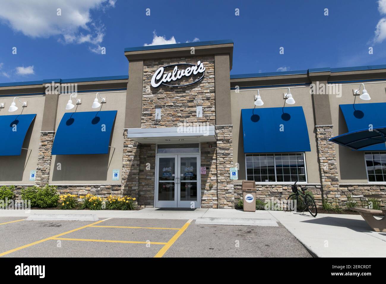 A logo sign outside of a Culver's fast food restaurant in Beloit ...