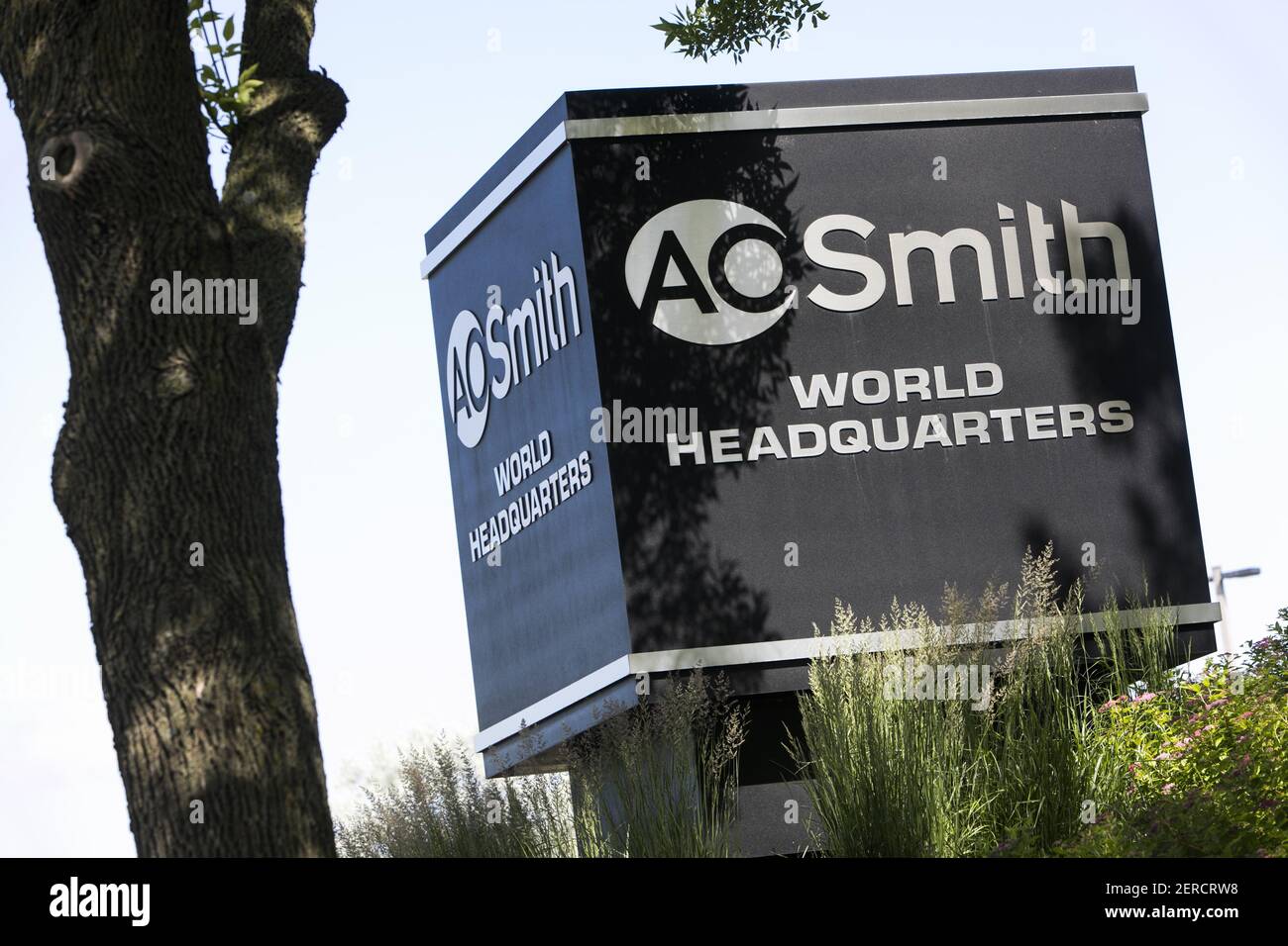 A logo sign outside of the headquarters of the A. O. Smith Corporation ...