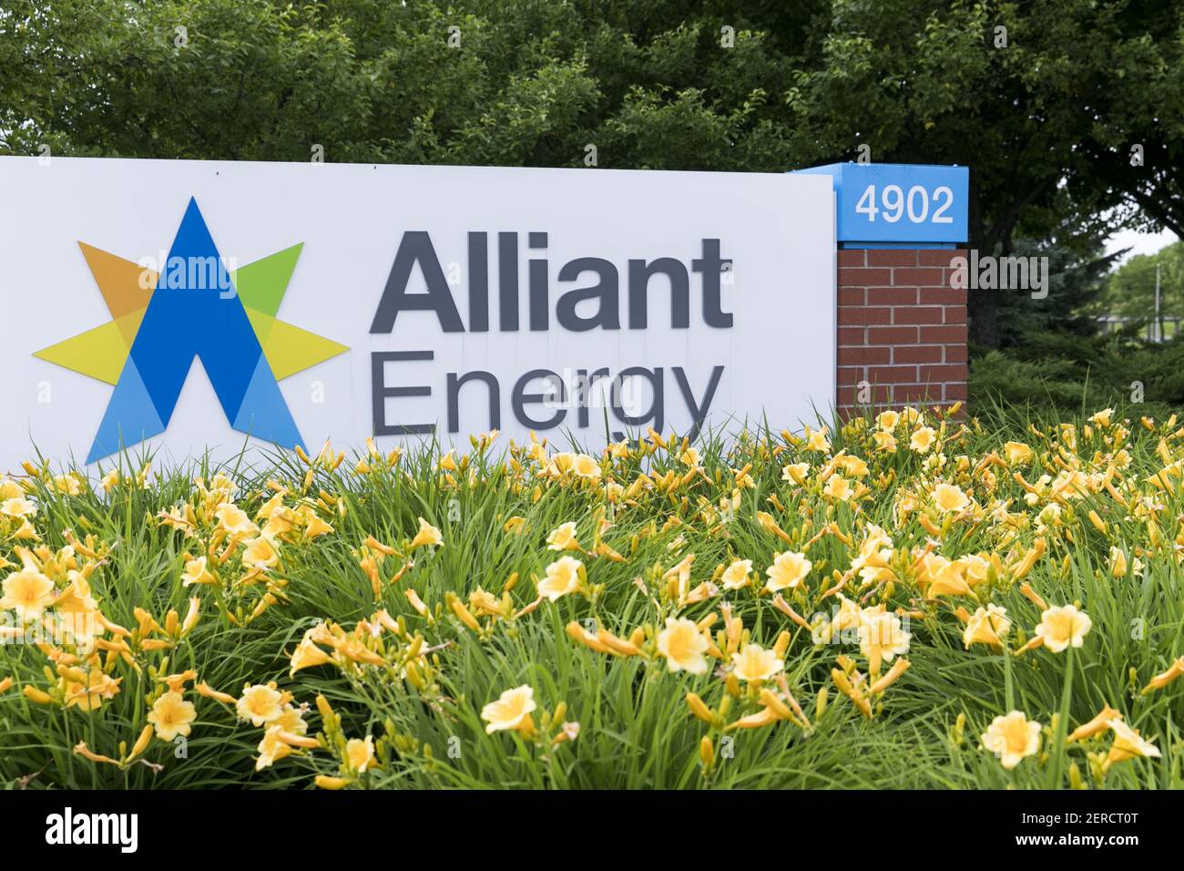 A logo sign outside of the headquarters of Alliant Energy in Madison ...