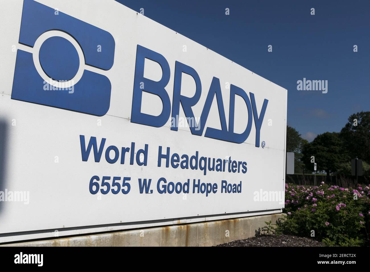A logo sign outside of the headquarters of the Brady Corporation in ...
