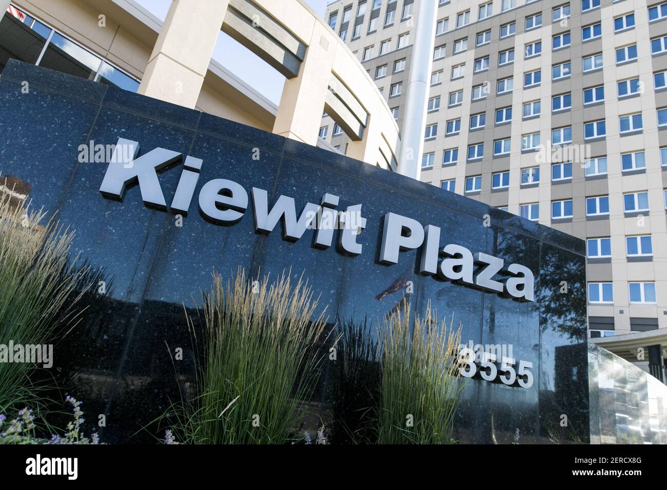 A logo sign outside of Kiewit Plaza, the headquarters of both the ...