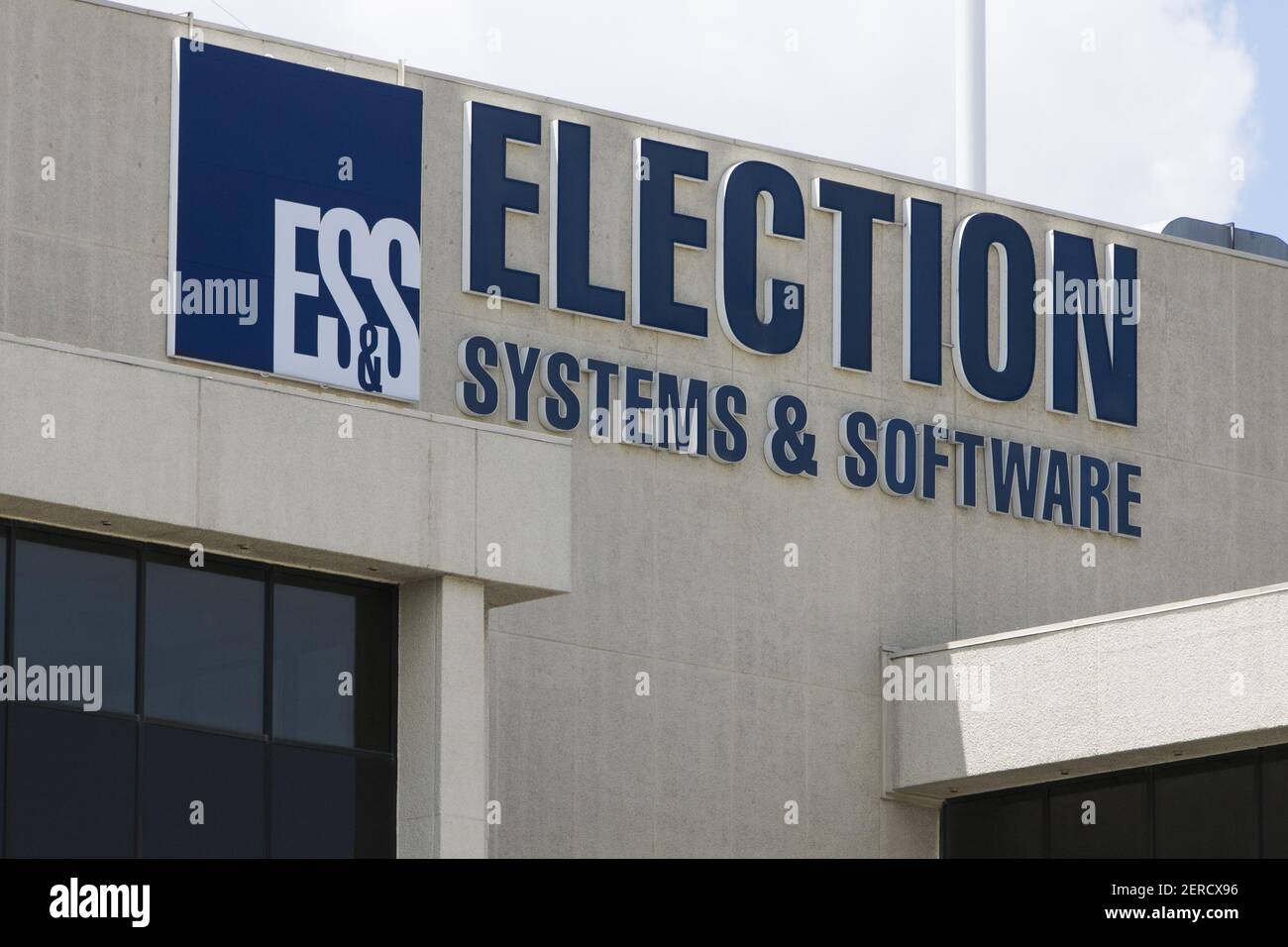 A logo sign outside of the headquarters of Election Systems & Software in Omaha, Nebraska on ...