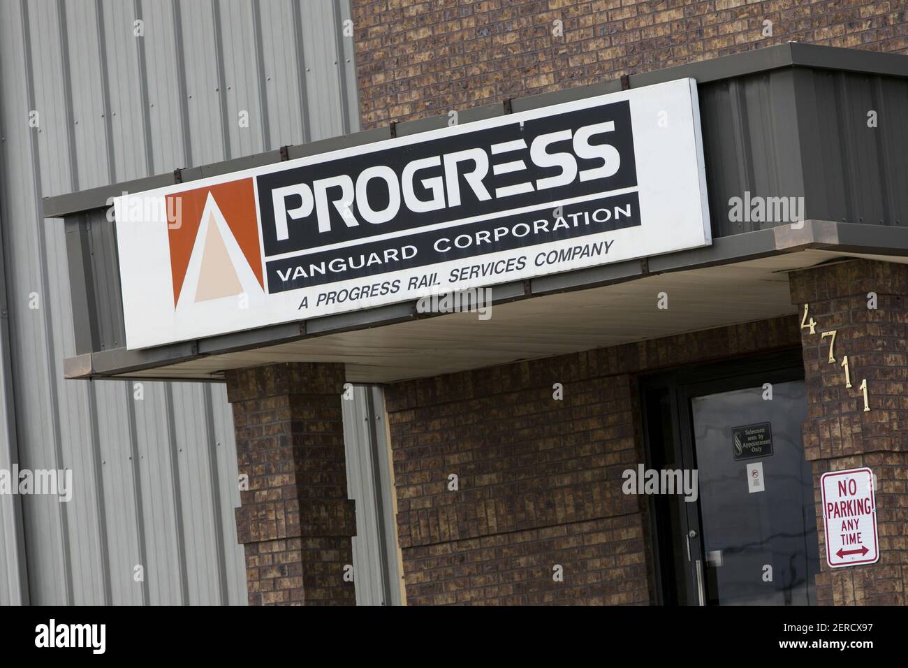 A logo sign outside of a facility occupied by the Progress Rail ...