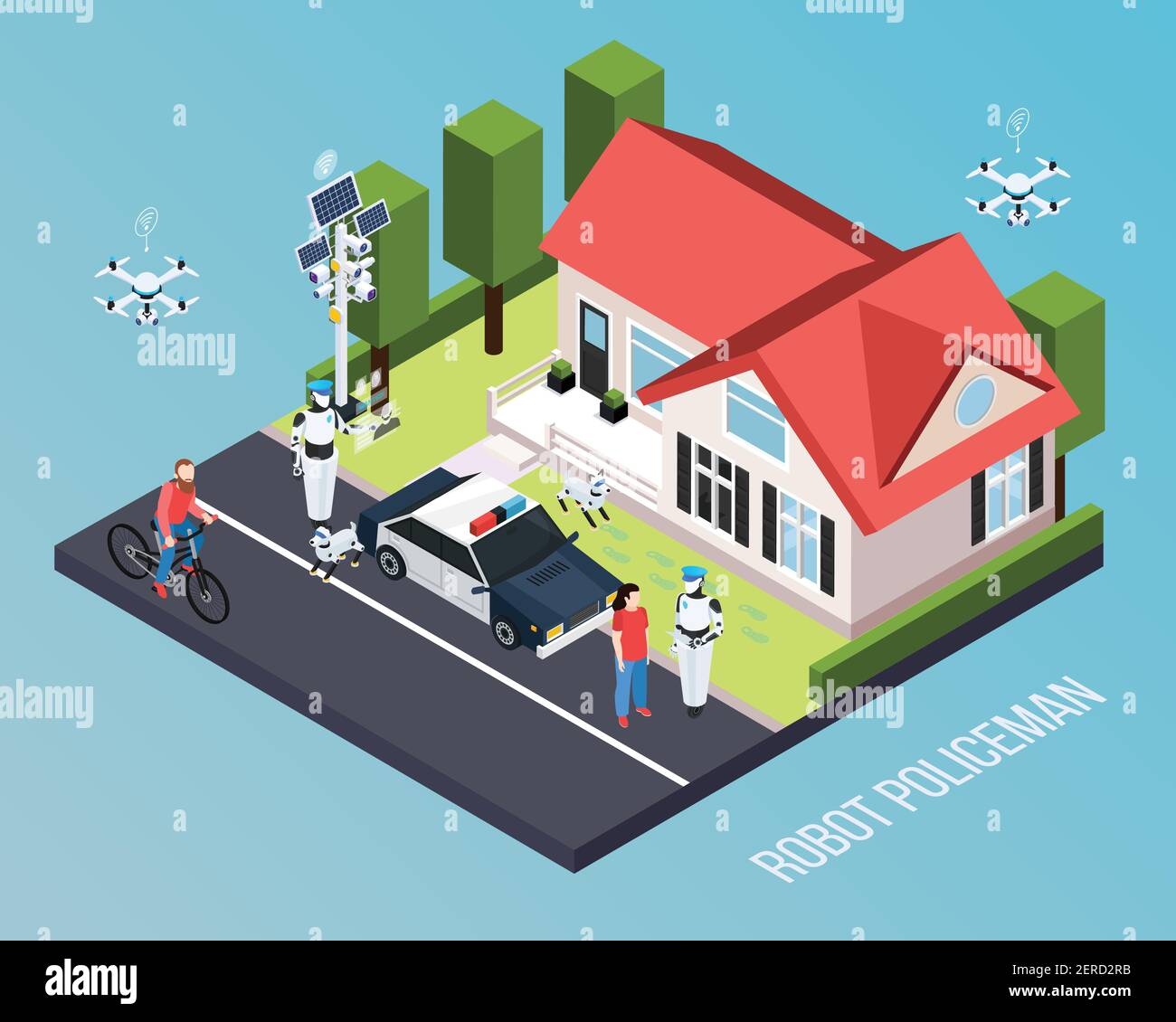 Robot isometric professions composition with piece of earth and robot policeman description ...