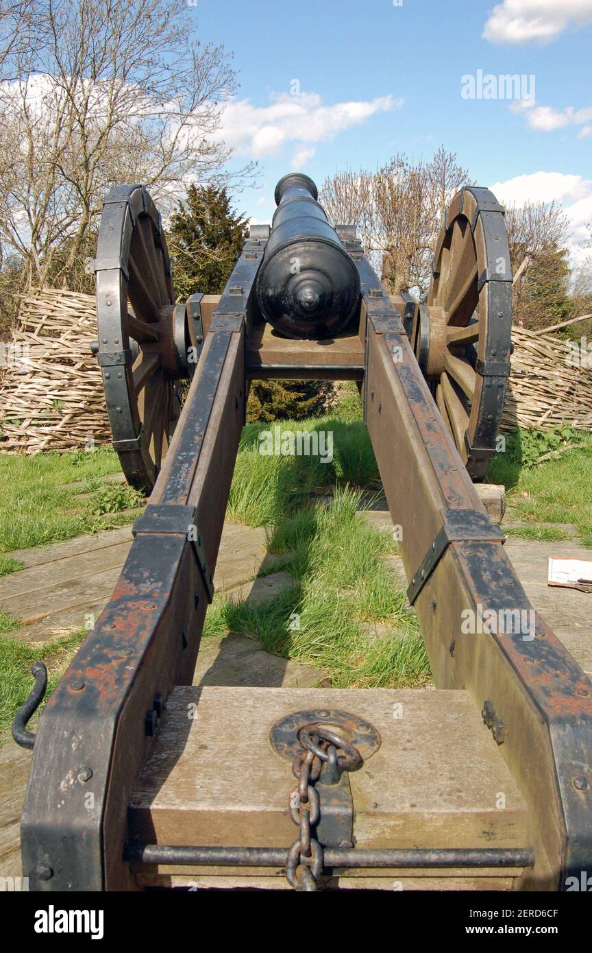 A canon pointing from the ruins of Basing House in Old Basing ...