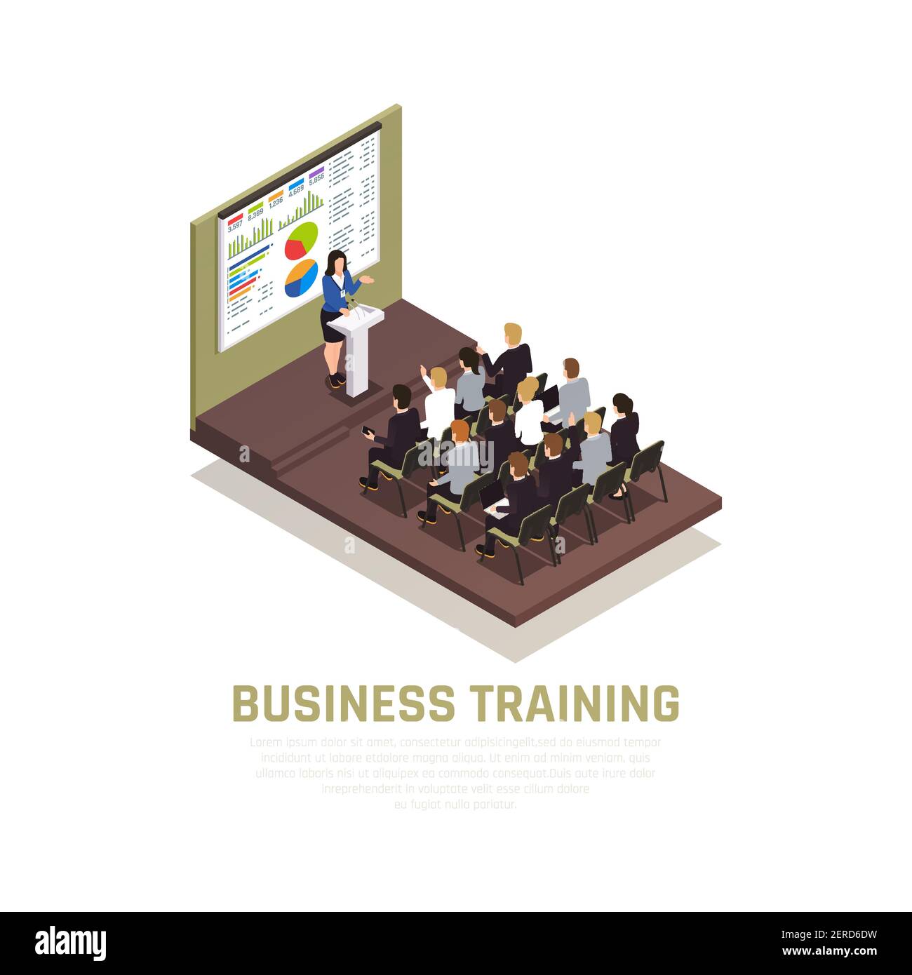 Business coaching isometric concept with lecture and workshop symbols ...