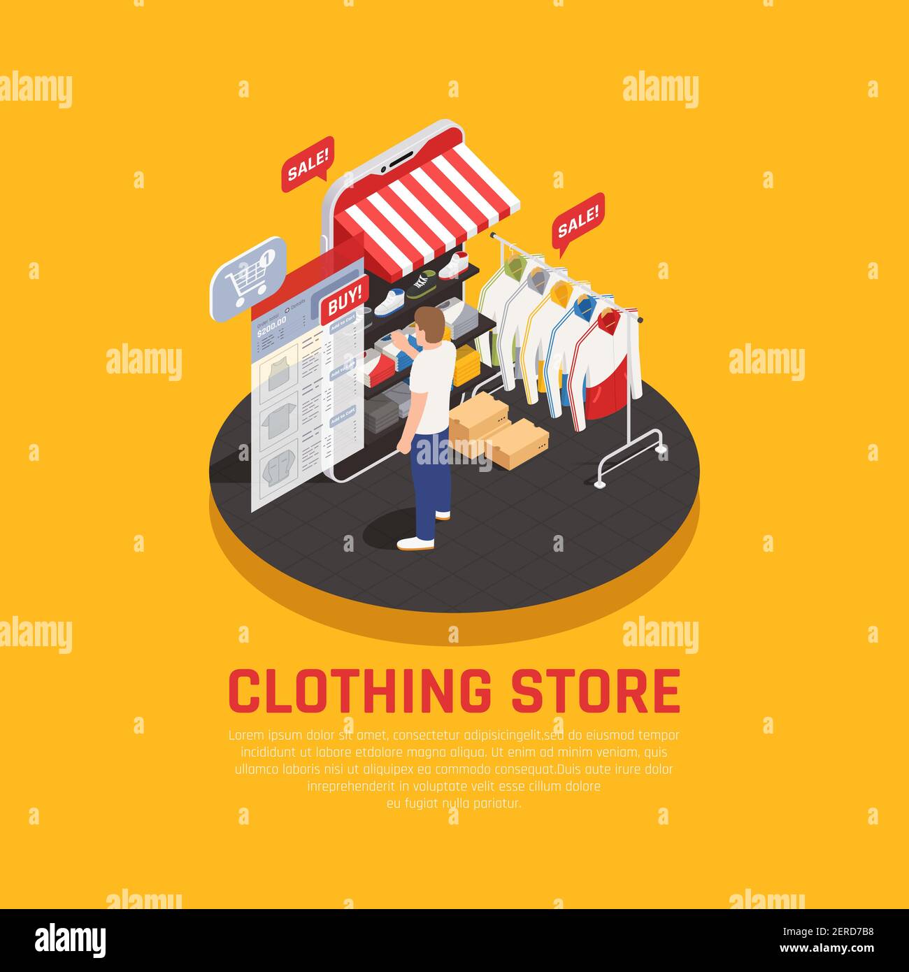 Mobile shopping concept with clothing store symbols isometric vector ...