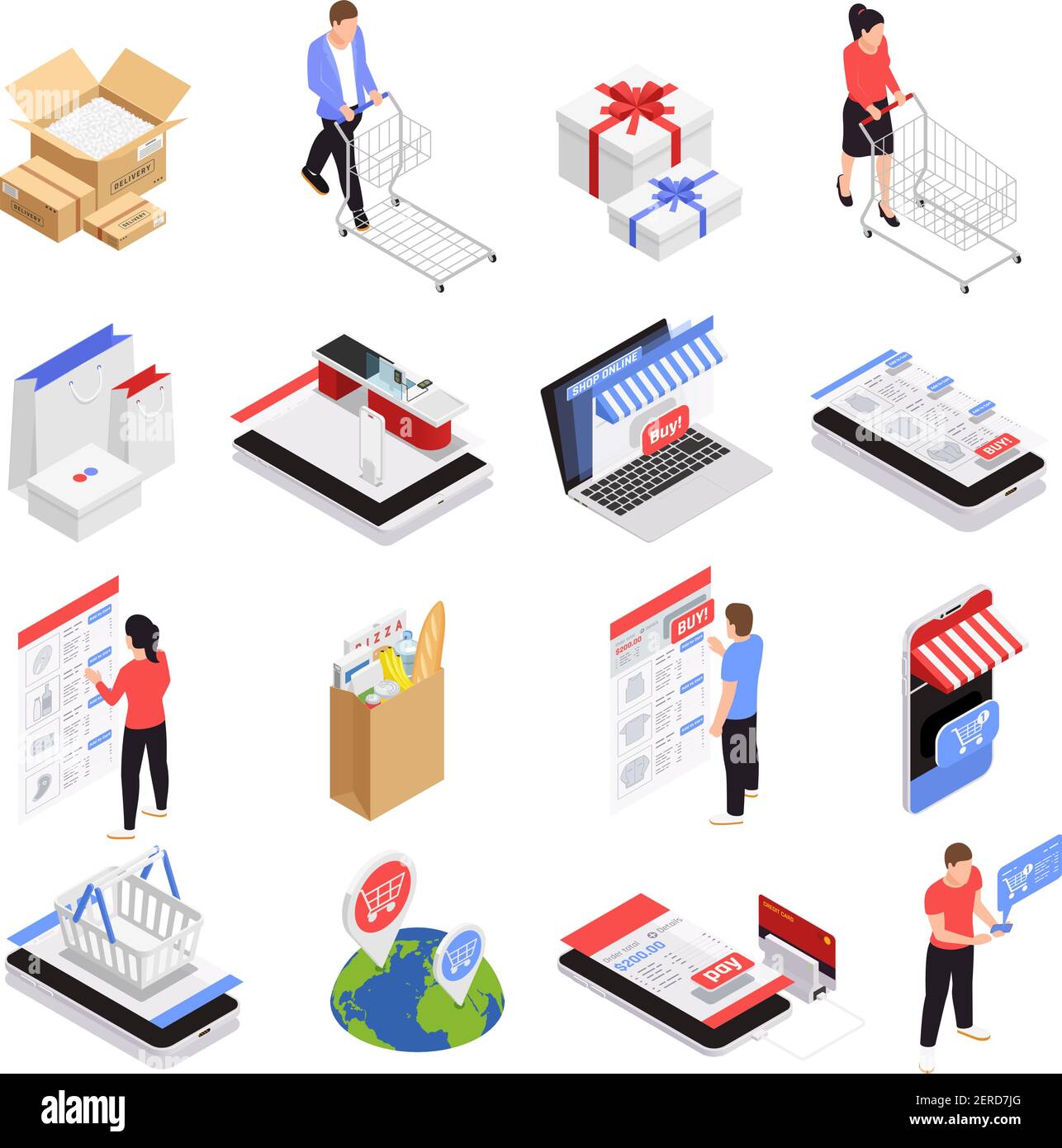 Mobile shopping icons set with ecommerce symbols isometric isolated ...