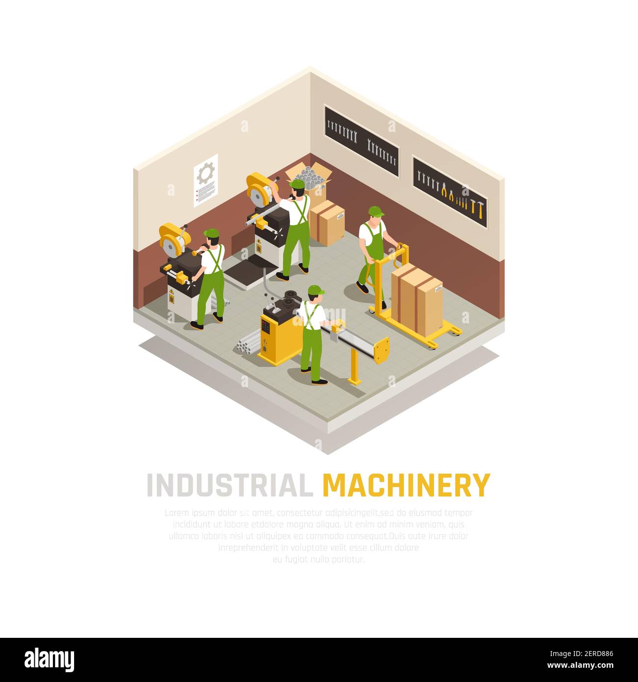 Industrial machinery isometric composition with factory workers symbols ...