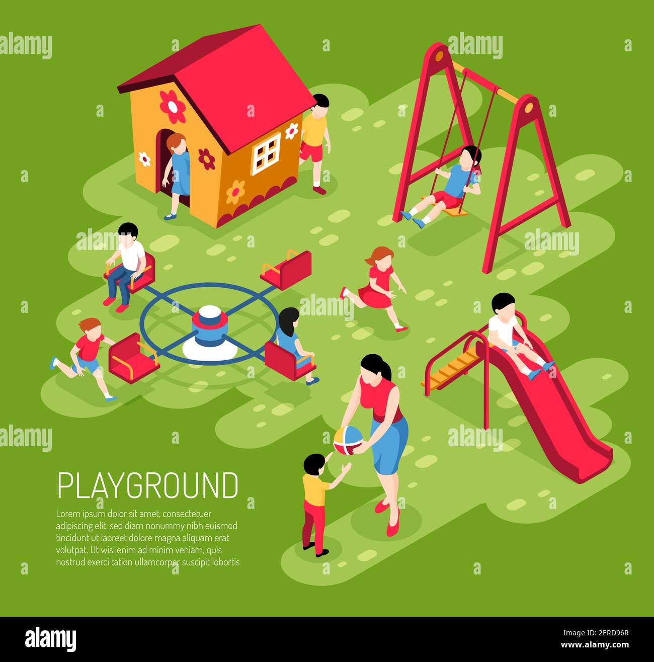 Educator and kids on play ground in kindergarten in summer on green ...