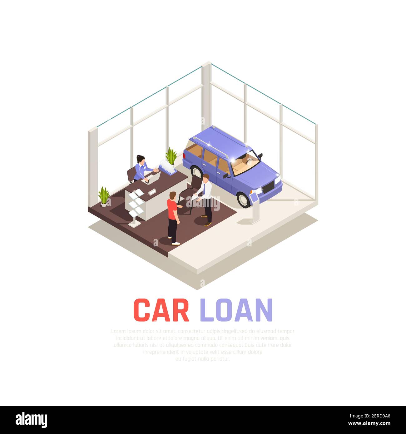 Car dealership concept with car loan symbols isometric vector ...