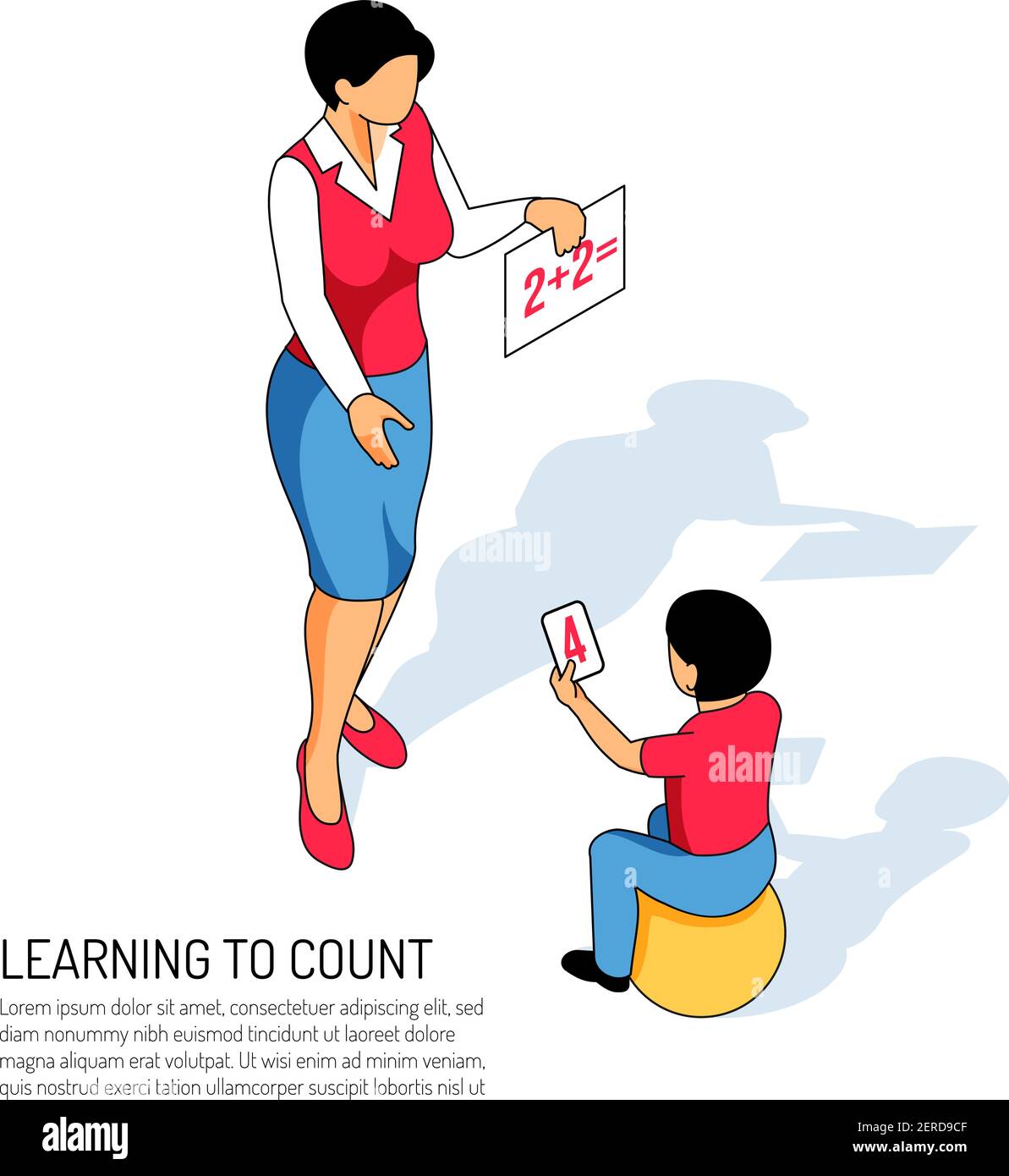 Educator and boy on ball during learning of count in kindergarten on ...