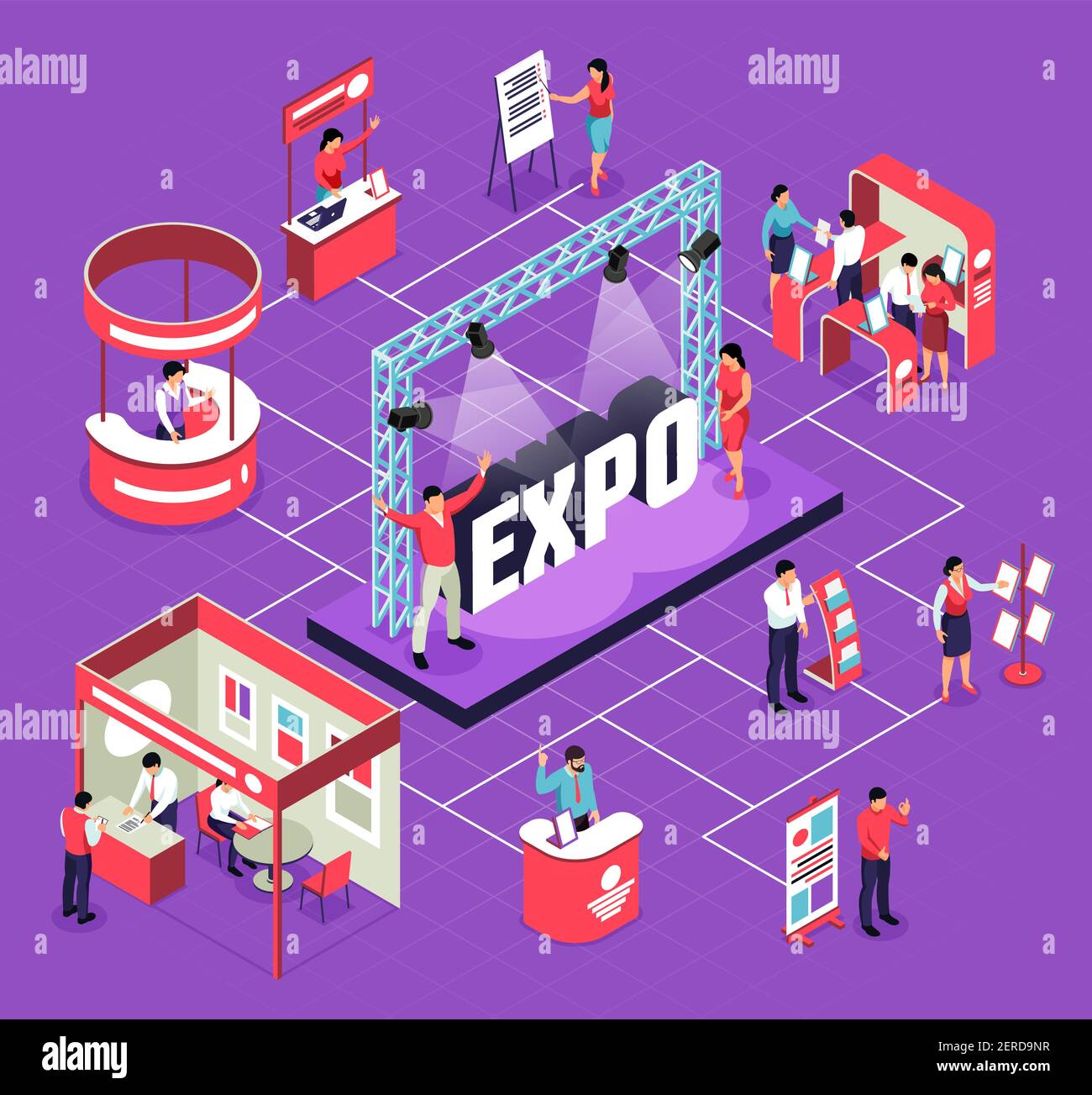 Isometric expo flowchart composition with isolated images of exhibit ...