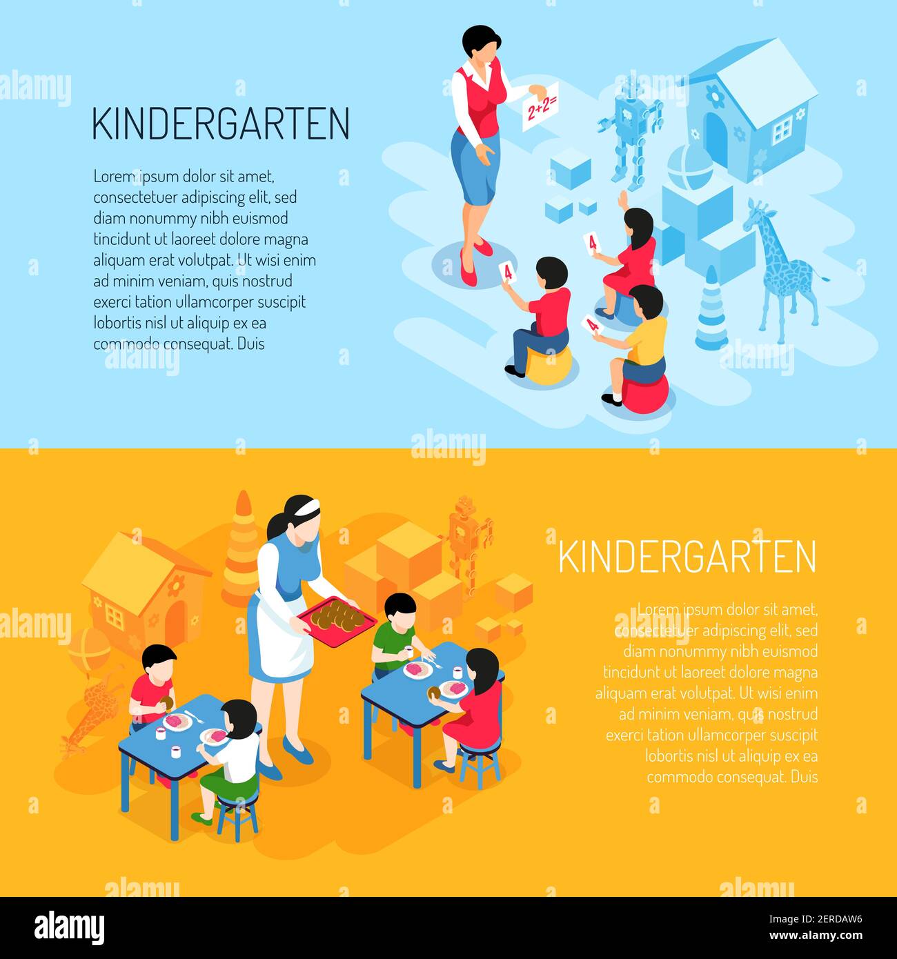 Kindergarten isometric banners kids during eating and learning of count ...