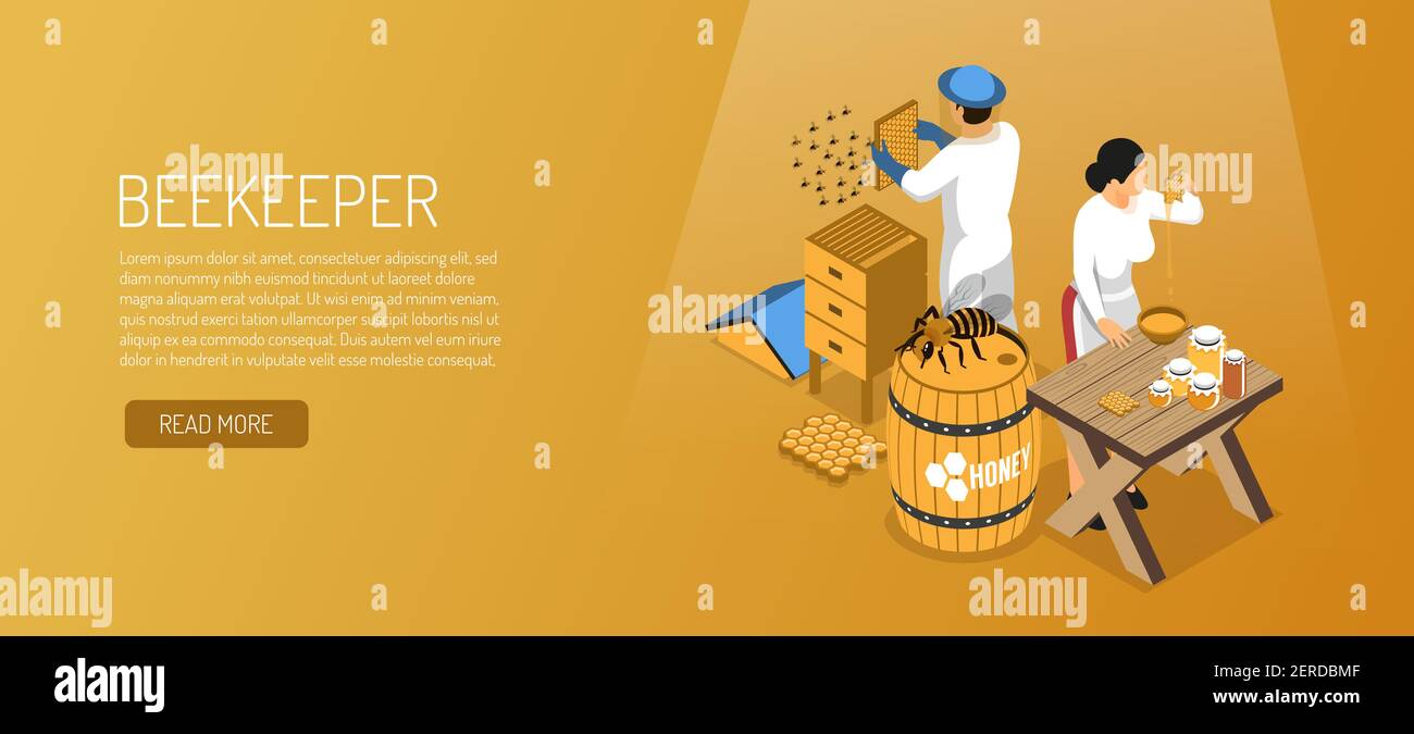 Beekeepers during honey production isometric horizontal banner on pale ...