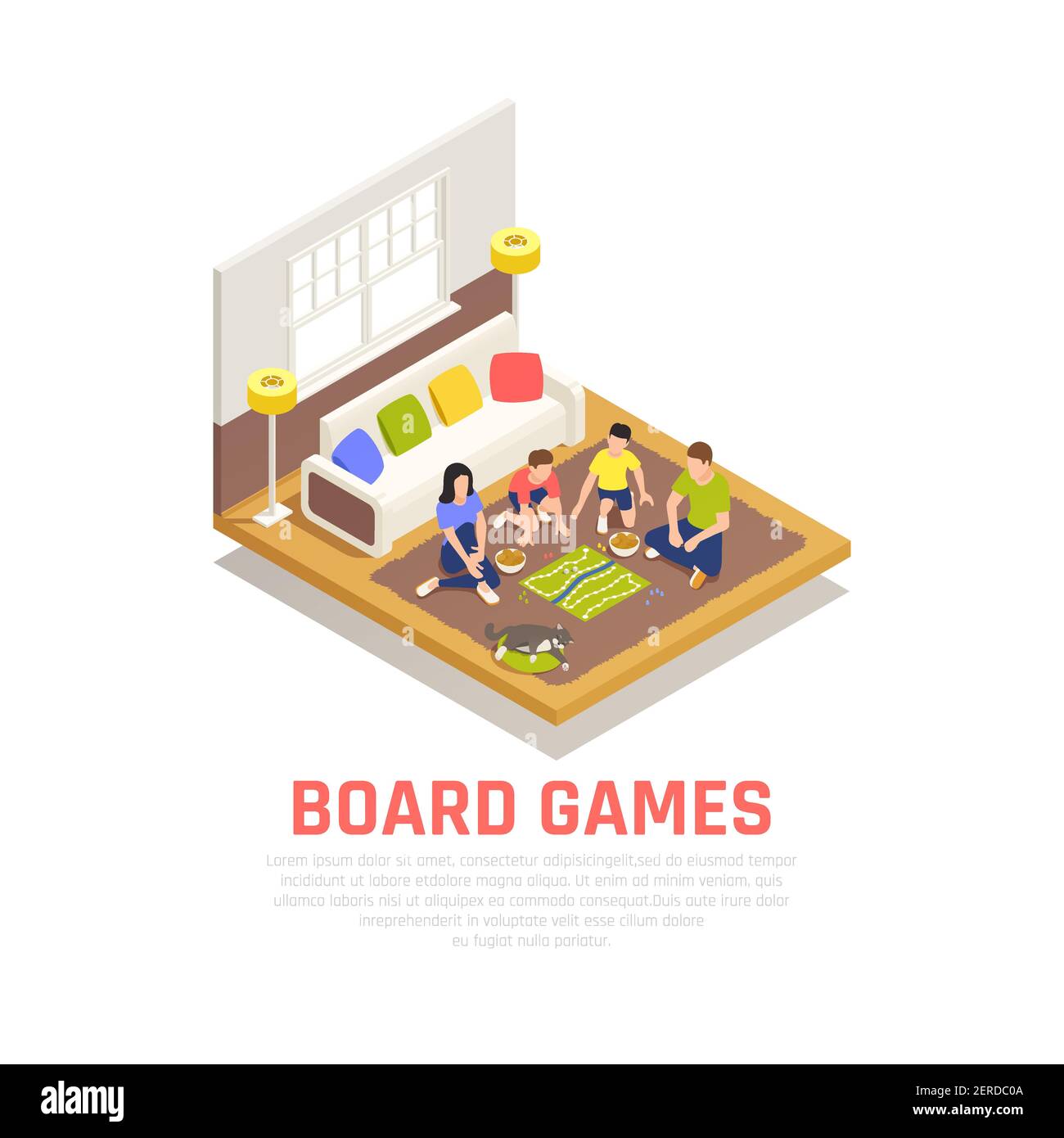 Board games concept with family evening symbols isometric vector ...