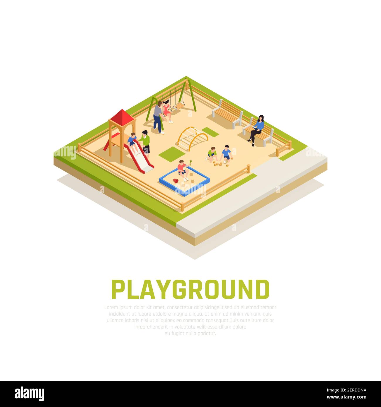 Family playing isometric concept with playground with kids symbols ...