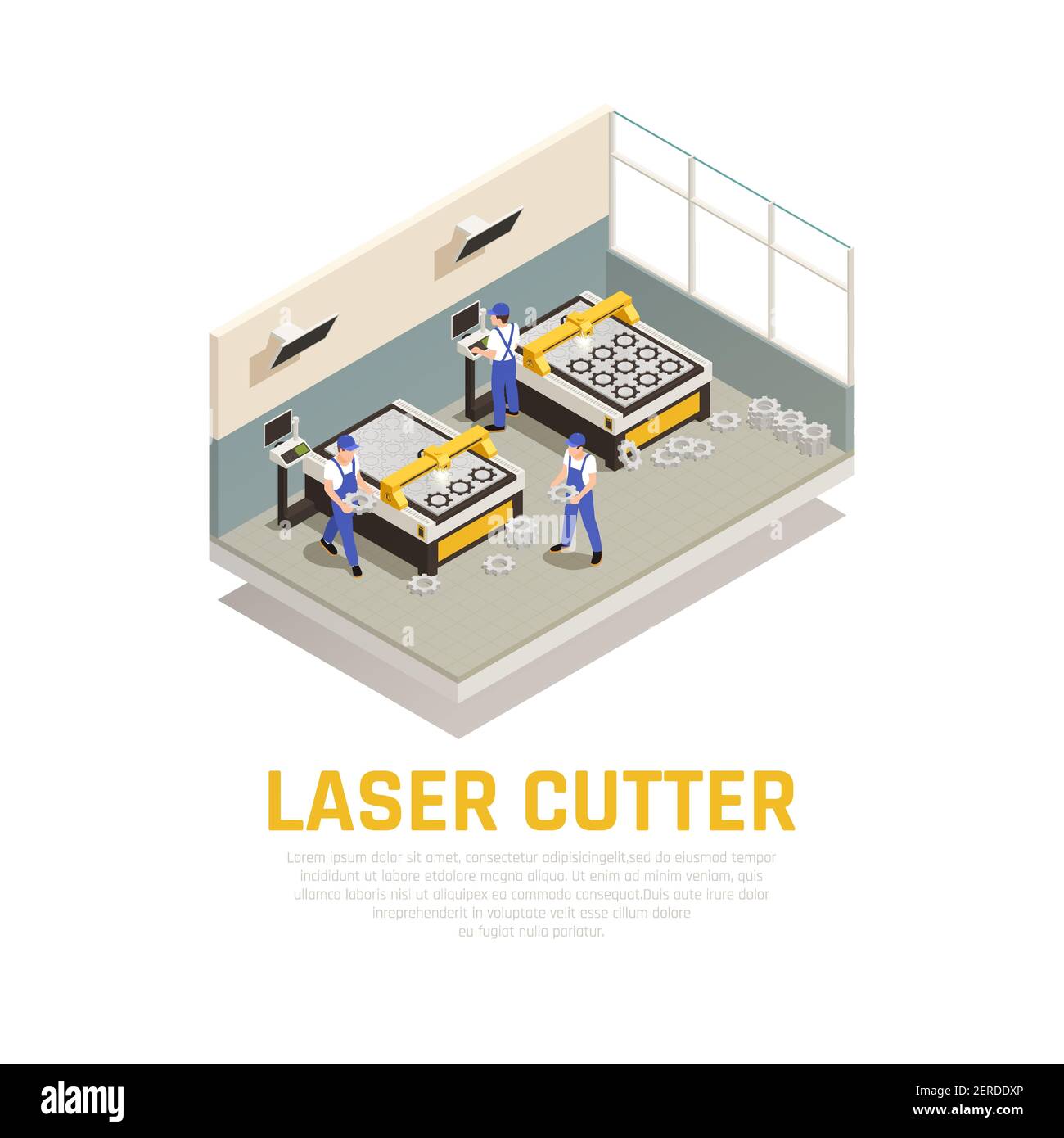 Industrial machinery composition with laser cutter symbols isometric ...