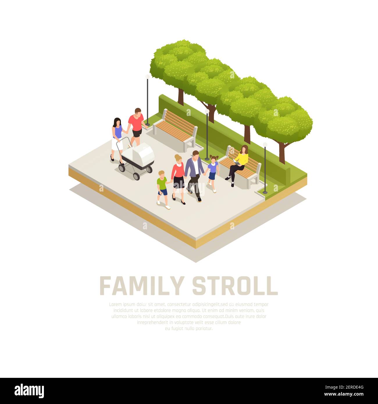Family stroll concept with walk in the park in park symbols isometric ...