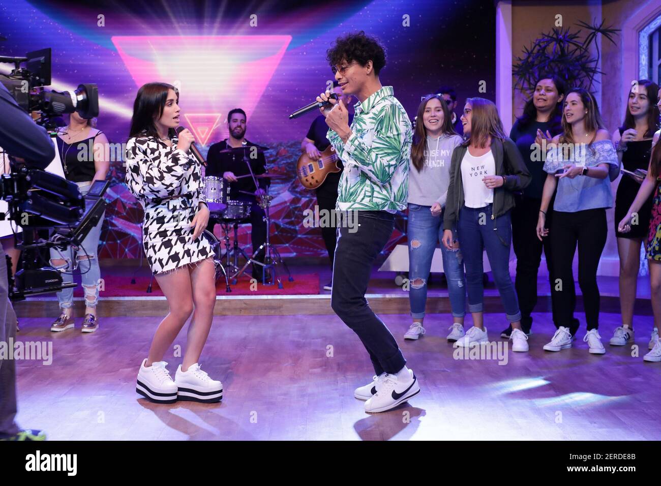 MIAMI, FL - JULY 11: Singer Lali Esposito and A. Chal visit "Despierta ...