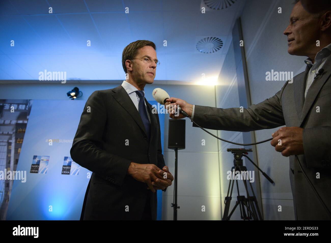 Dutch PM Mark Rutte is seen talking to journalists in Brussels, Belgium ...
