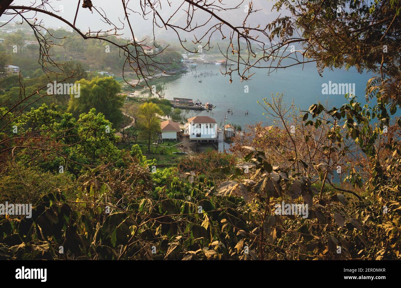 Aerial view on local village coast along lake Atitlan through trees ...