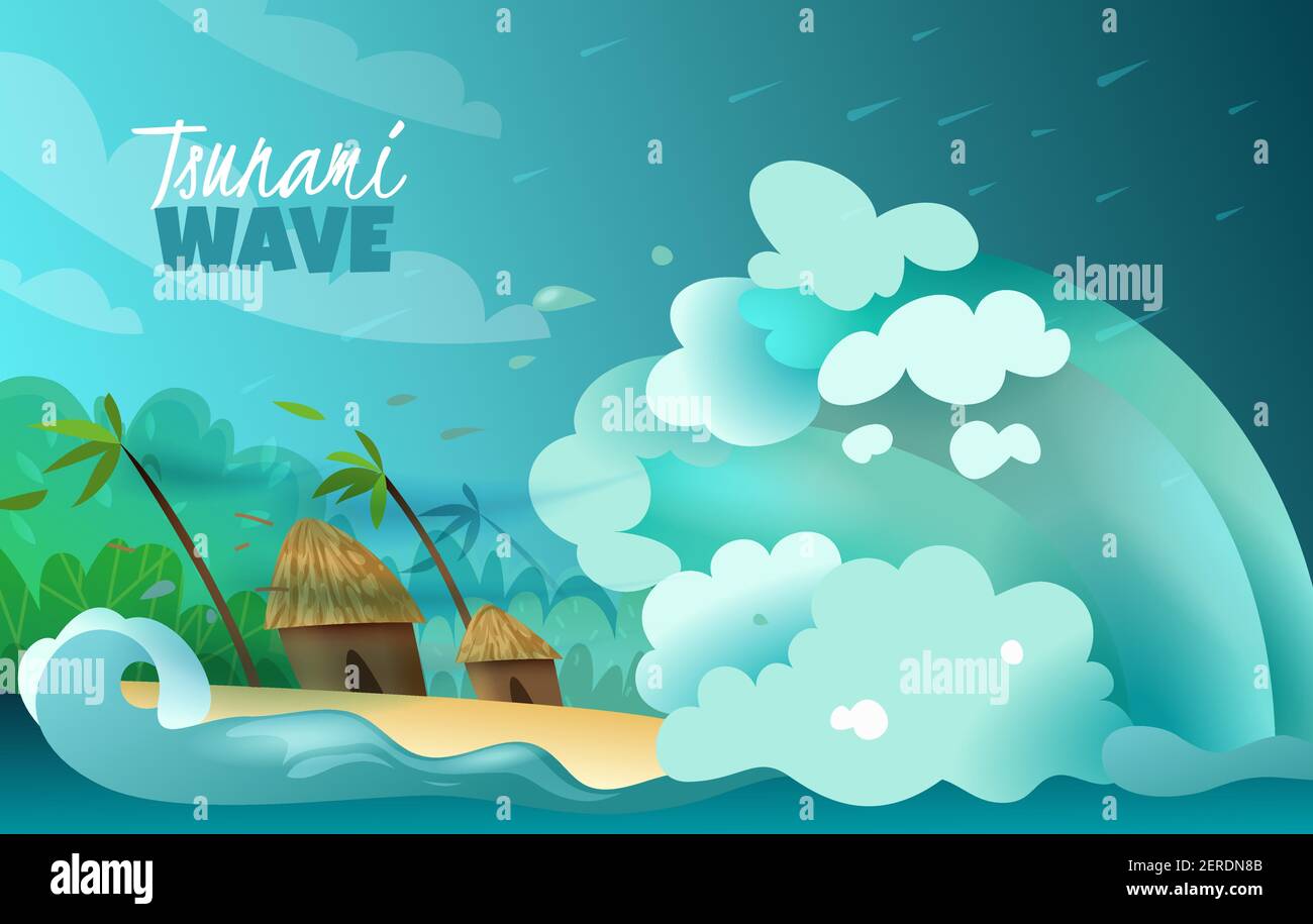 Natural disasters stylized colorful poster with colossal tsunami wave ...