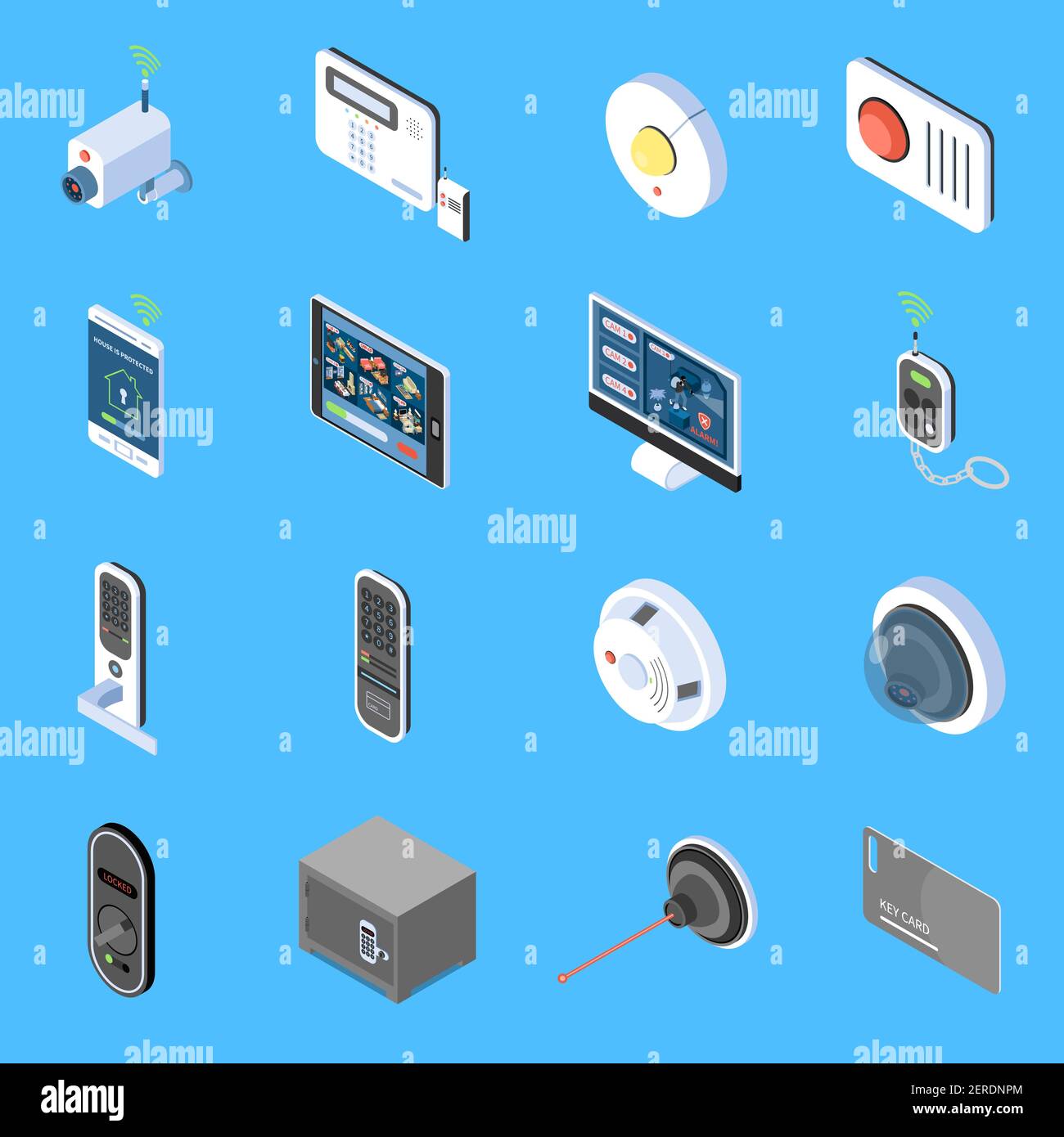 Home security isometric icons set with elements of video surveillance ...