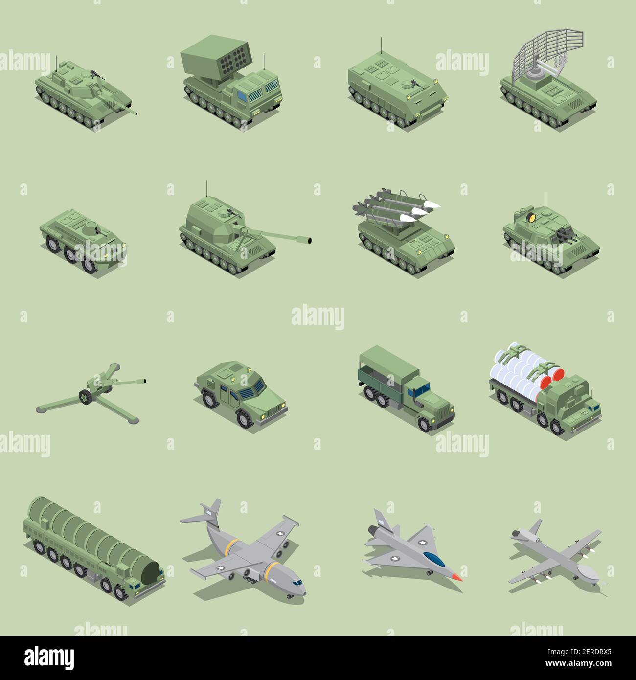 Military vehicles isometric set with tank cannon, rocket launcher jet fighter self propelled ...