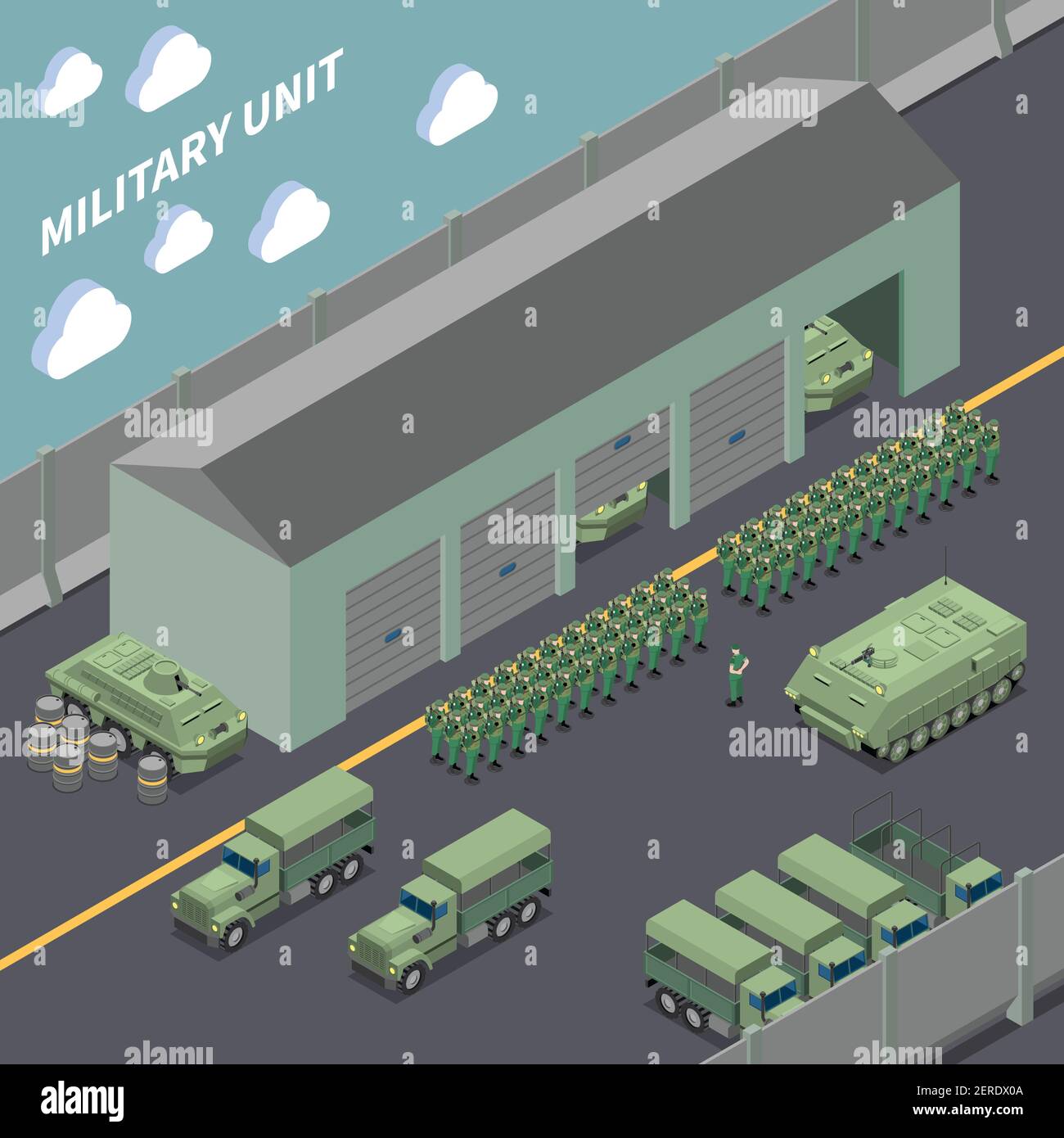 Military unit isometric composition with army trucks infantry fighting vehicles and soldiers in ...