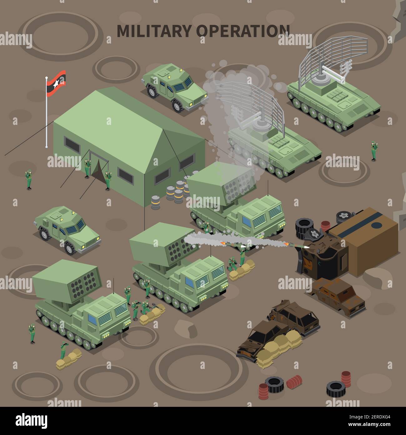 Military operation isometric composition with tent for soldiers radar ...