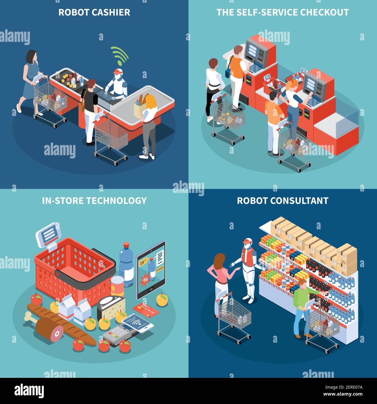 Shop technology 2x2 design concept with robot consultant robot cashier ...