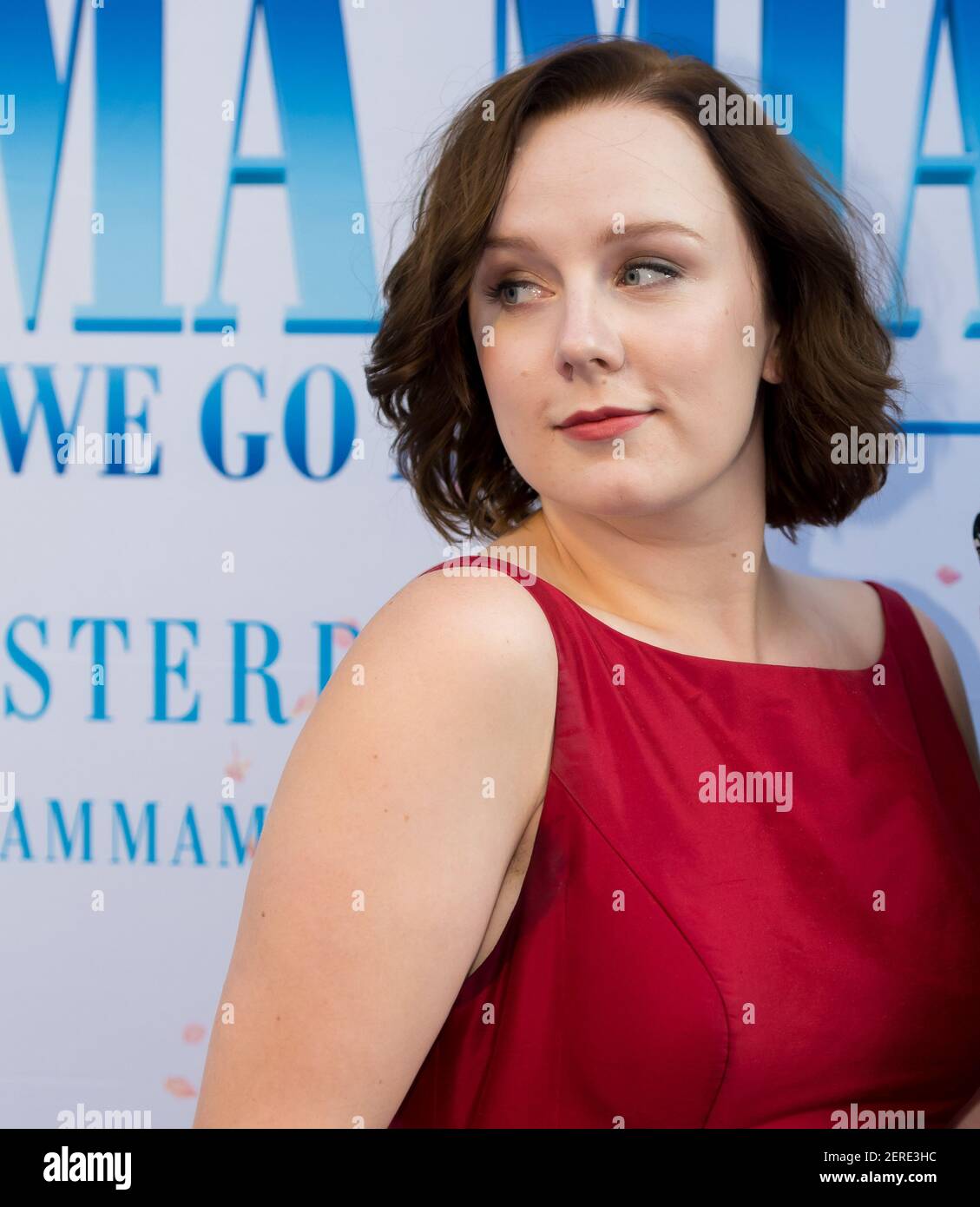 Alexa Davies on the red carpet during the premiere of movie Mamma Mia ...
