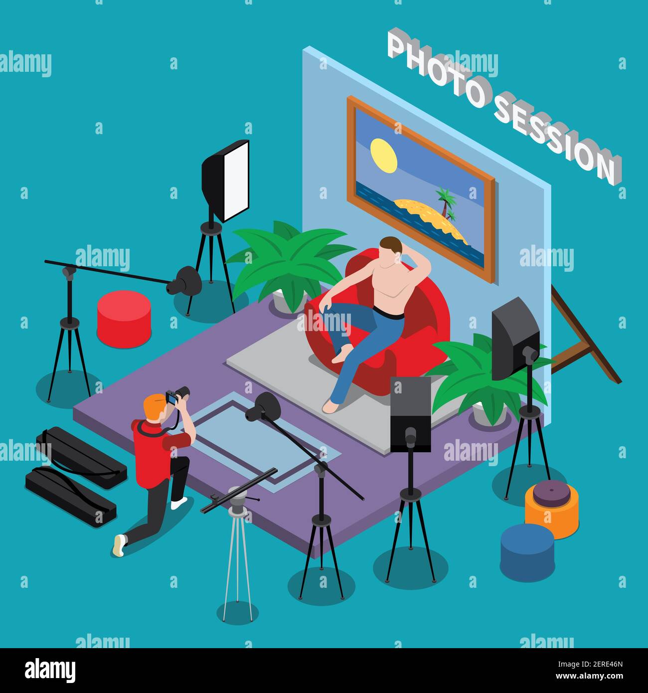 Photo session in studio isometric background with guy of brutal ...