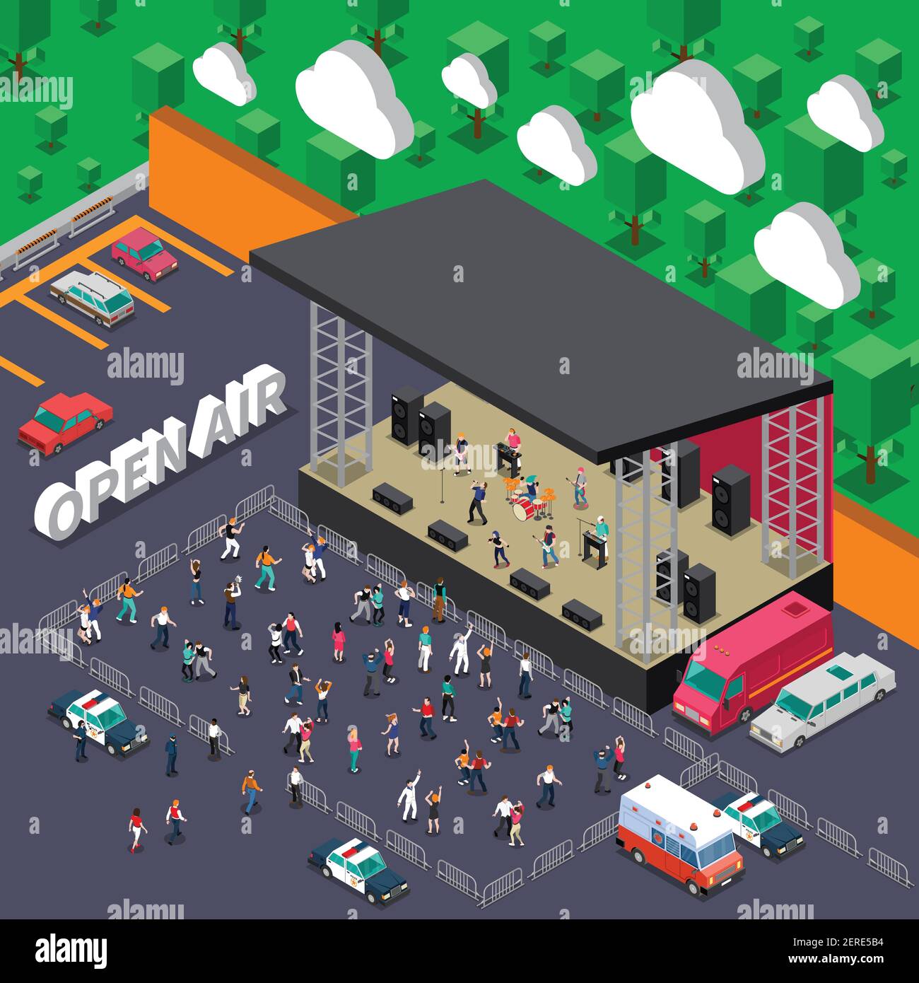 Open air music concert isometric vector illustration with rock band on ...