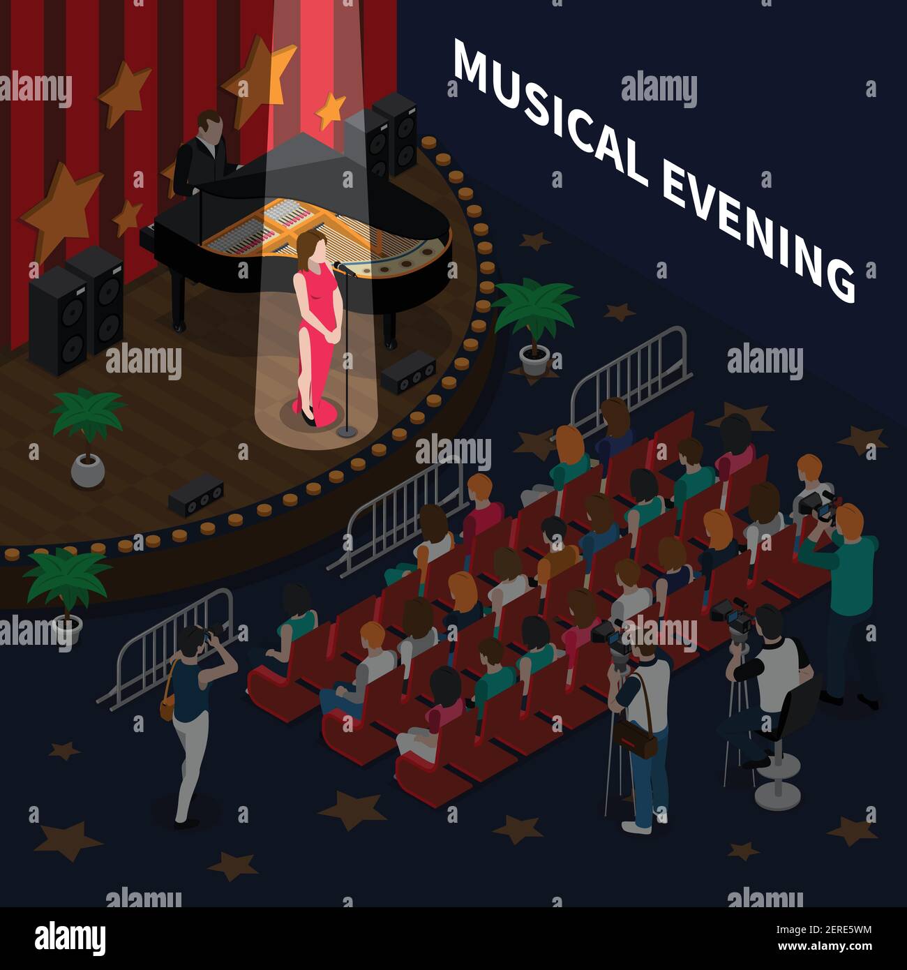 Musical evening isometric composition with female singer on scene ...
