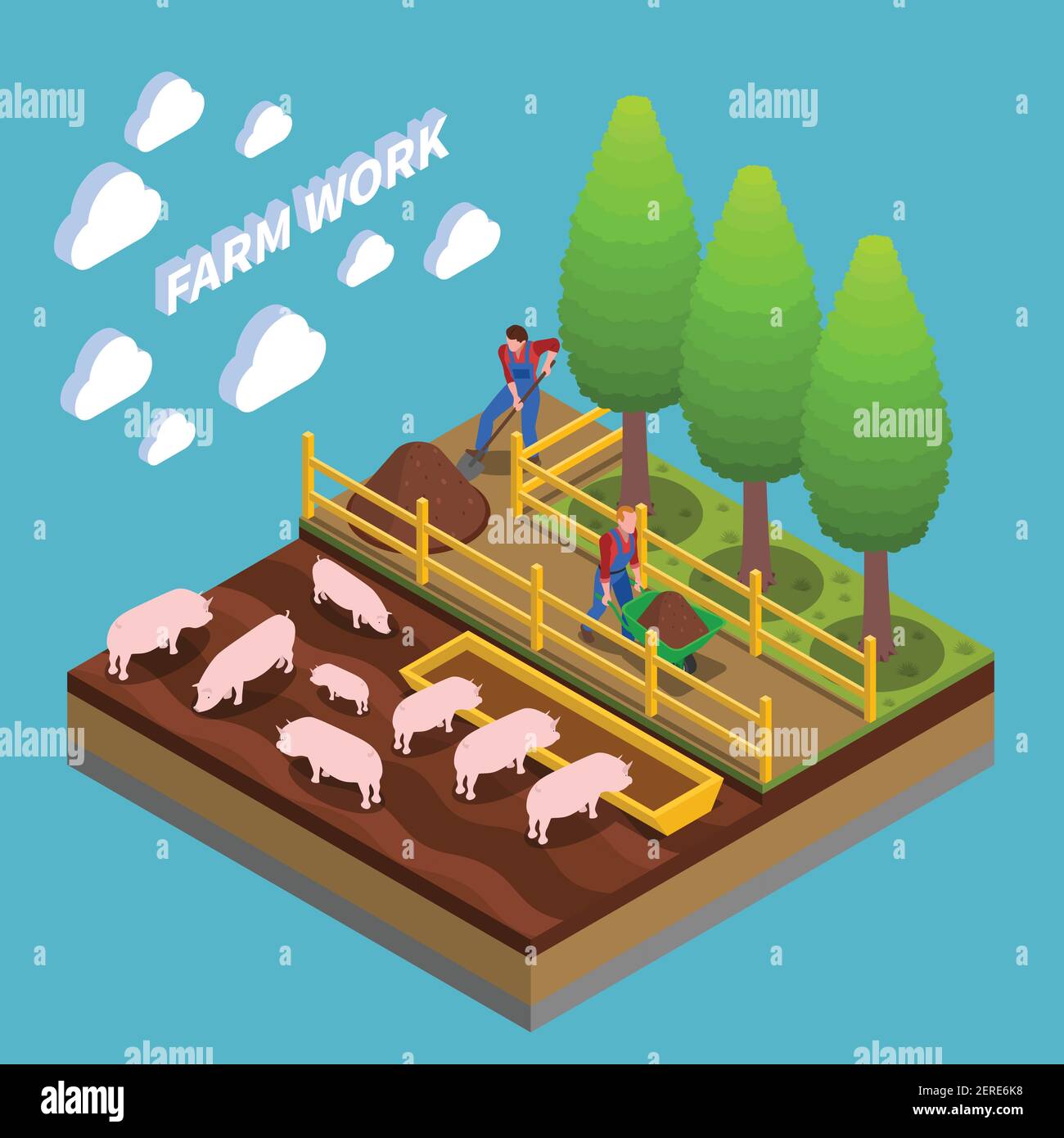 Agricultural isometric composition with farmers engaged in swine ...