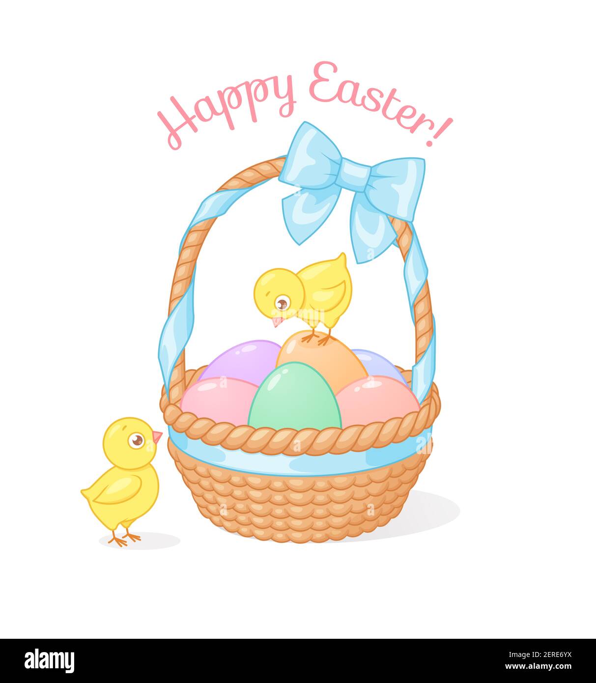 Cute chicks with basket full of Easter eggs. Cartoon vector ...